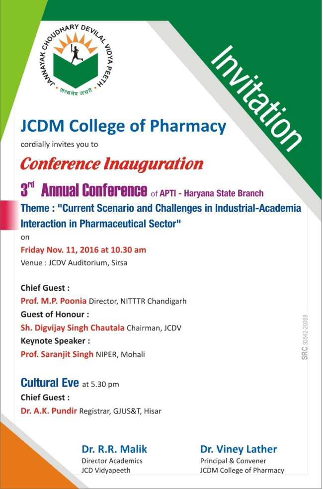 Invitation of JCD Pharmacy College (Two Day National Conference by APTI)